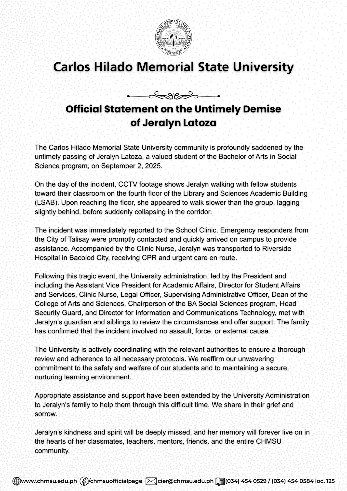 Official Statement on the Untimely Demise of Jeralyn Latoza | Carlos ...