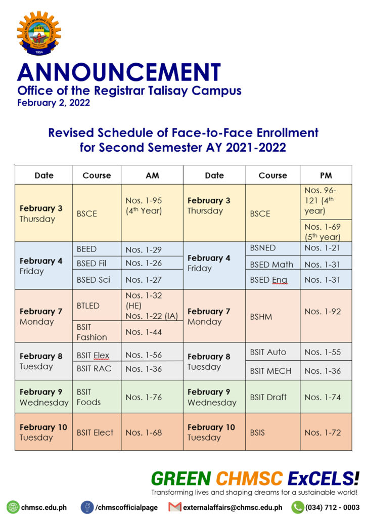 Revised Schedule of face-to-face Enrollment for Second Semester, AY ...