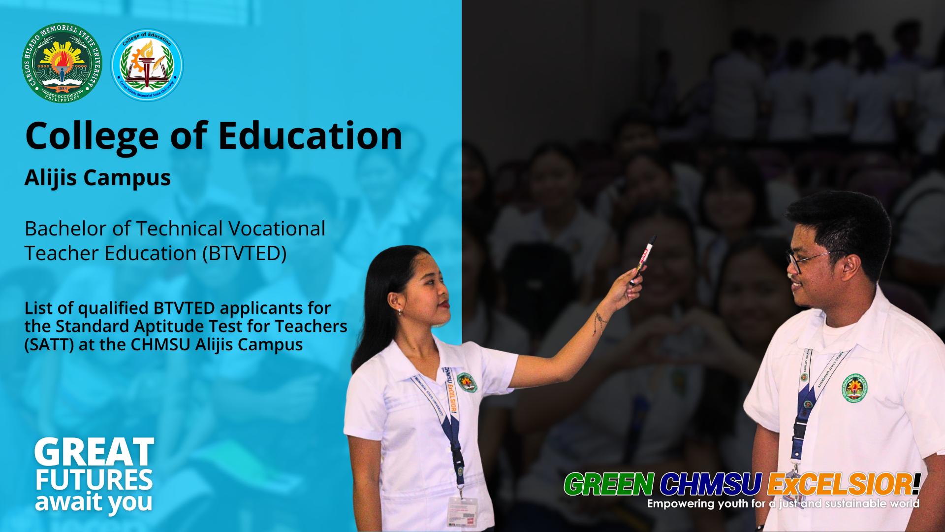 List of qualified BTVTED applicants for the Standard Aptitude Test for ...